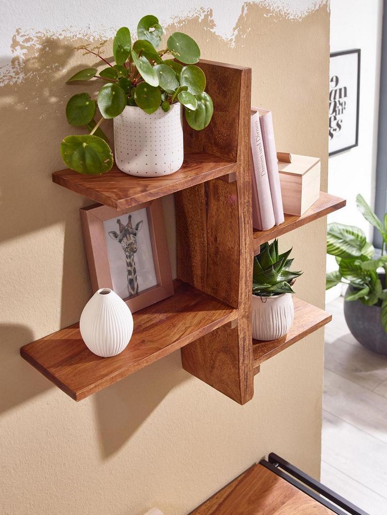 Wohnling Wandregal 58x60x15 cm Sheesham Massivholz Baum-Form Hängeregal ...