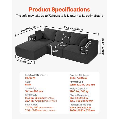 VEVOR Modulares Schlafsofa L-Form Cord Schwarz 545 kg belastbar 265 cm ...