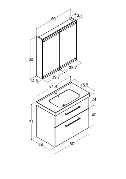 Dansani Luna 81 cm Menuet Set mit Spiegelschrank Grau Matt LU-510334 ...