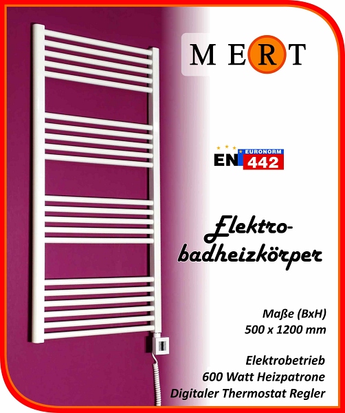 MERT Elektro-Badheizkörper weiß gerade 500 x 1200 mm befüllt E1-50x120 ...