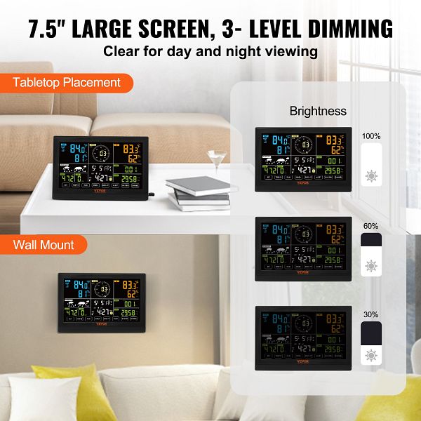 VEVOR 7-in-1 Wetterstation Funkwetterstation mit Außensensor 75 ...