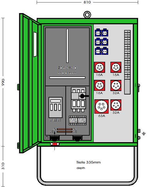 Elektra Tailfingen Anschlussverteilerschrank 44 kVA mit Zählerplatz 2 RCD Typ B 6 CEE-Abgänge 16 ...